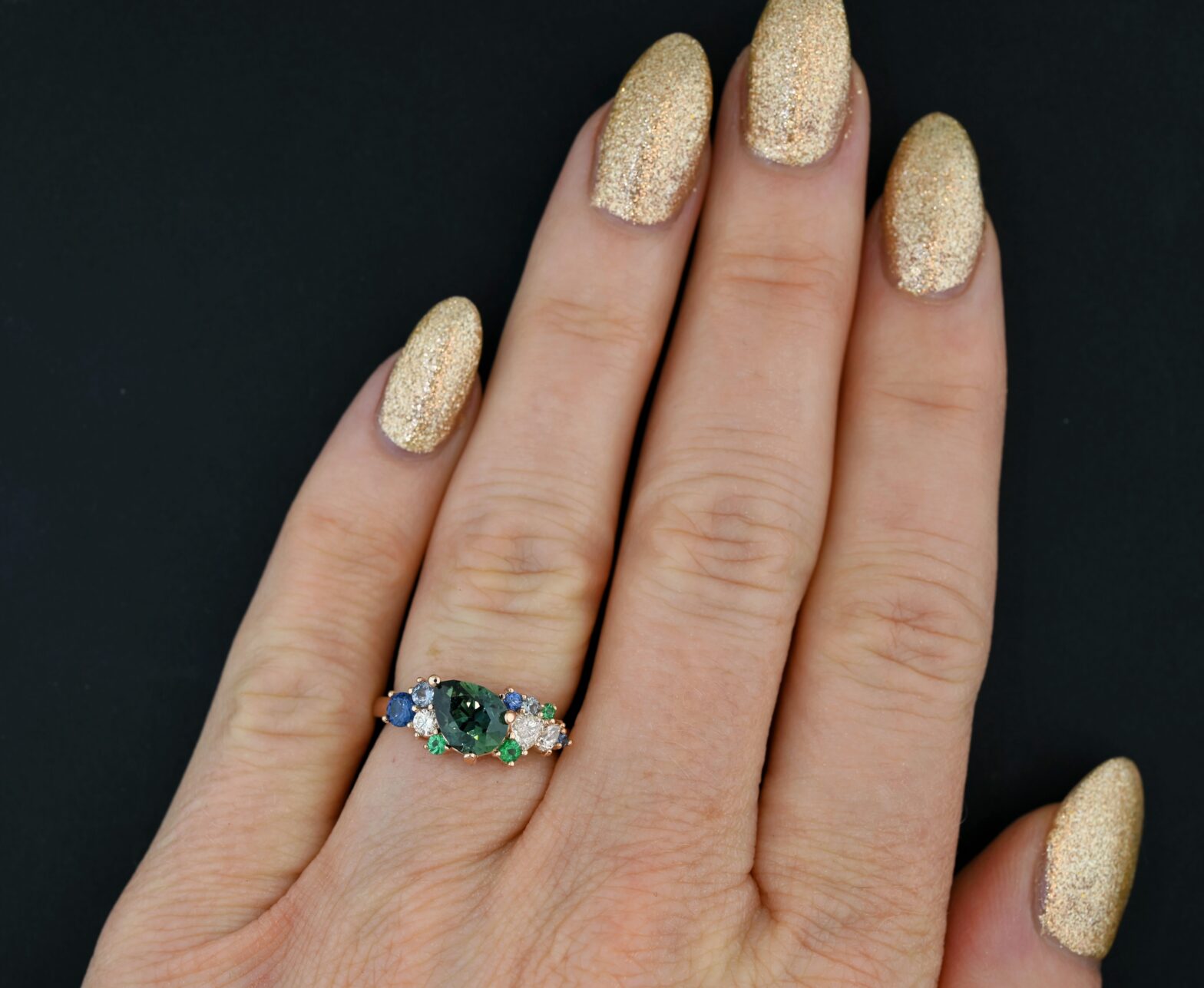 Teal Sapphire and Emerald Cluster Ring | Custom Engagement Rings